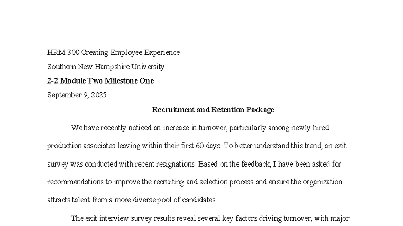 HRM 300 Module 2 Milestone 1: Recruitment & Retention Strategies - Studocu