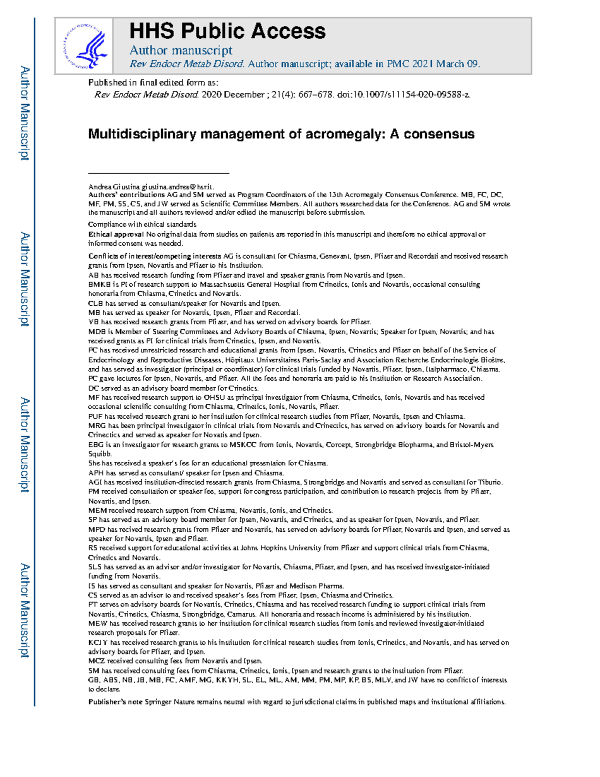 Multidisciplinary Management of Acromegaly: A Consensus (HHS) - Studocu