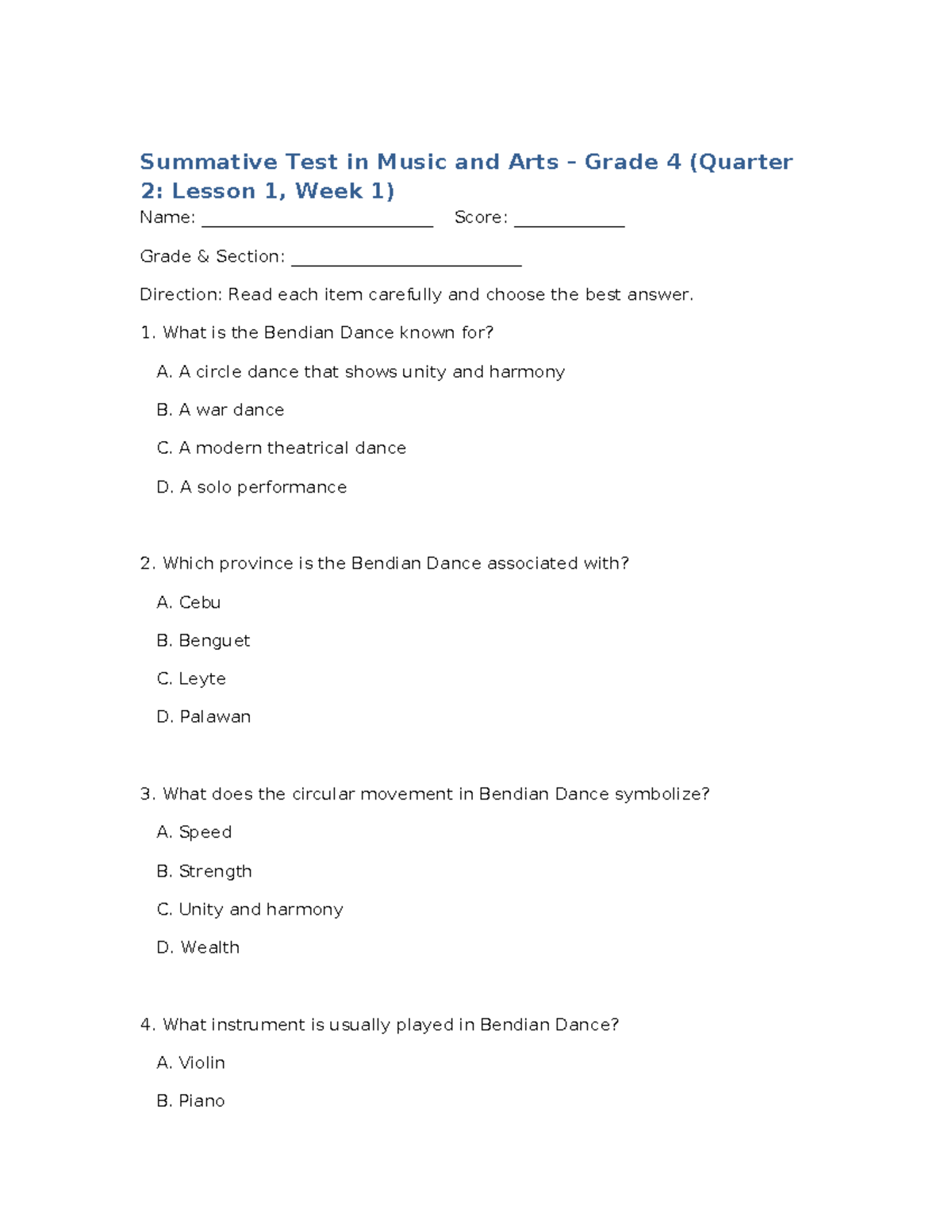 WEEK 1 Summative Test in Music and Arts for Grade 4 - Studocu