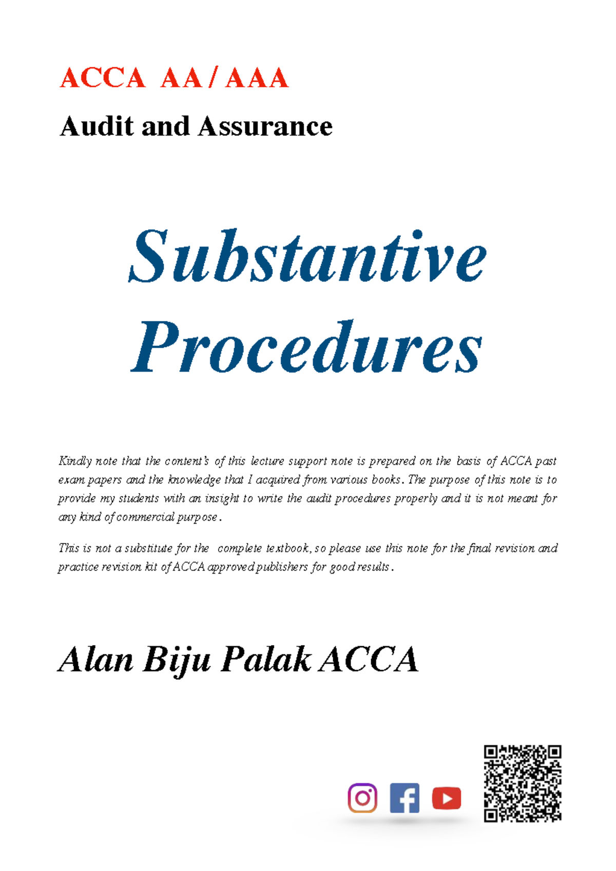 ACCA AA Audit & Assurance: Substantive Procedures Lecture Notes - Studocu