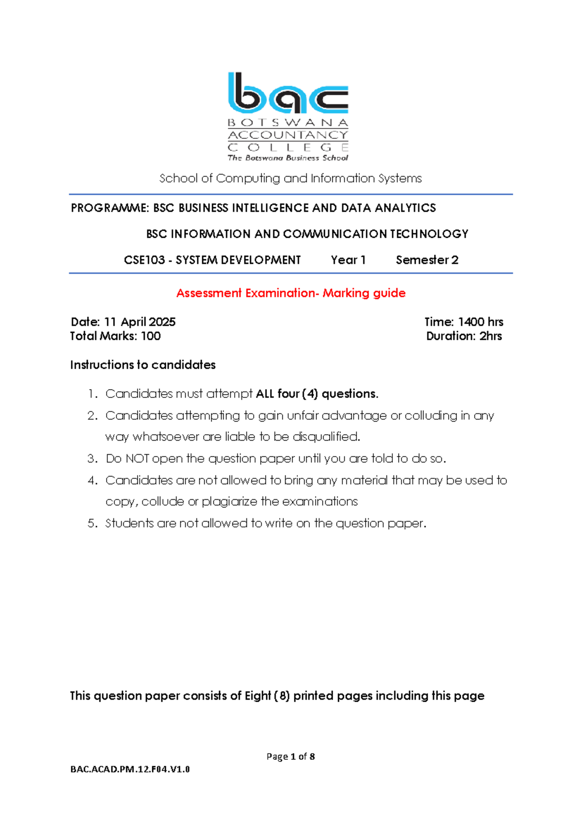 CSE103 System Development Assessment Marking Guide - April 2025 - Studocu