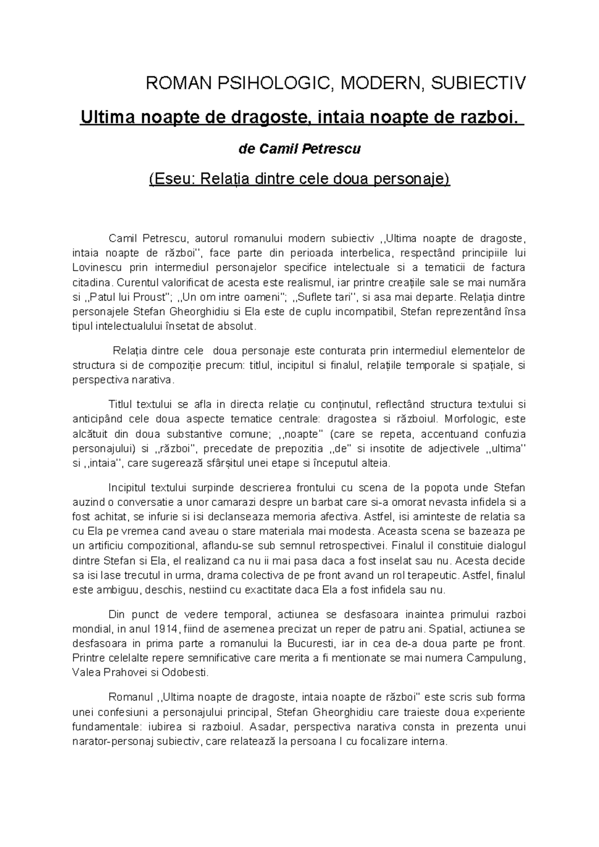 ESEU: Relația Dintre Stefan și Ela în "Ultima Noapte de Dragoste" - Studocu