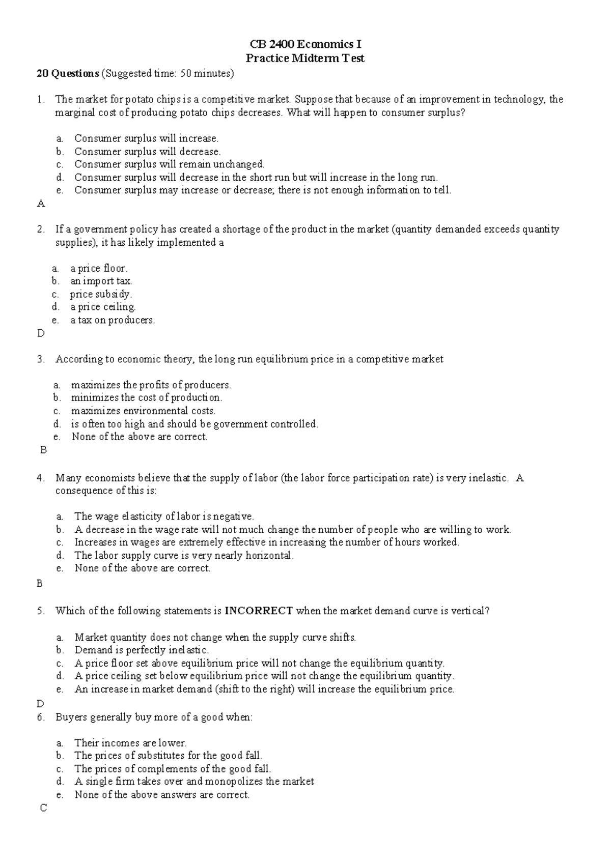 Mock Midterm Exam Review for Economics I (CB 2400) - Studocu
