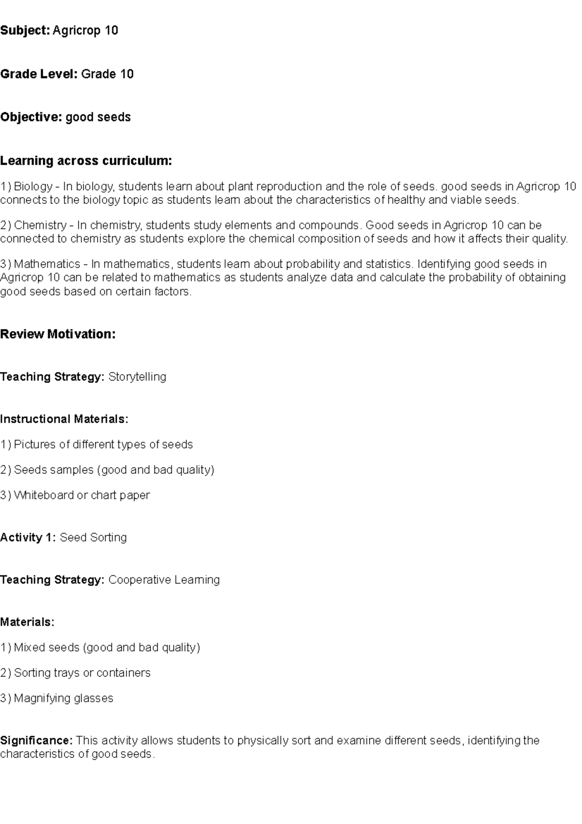Lesson Plan (Agricrop 10) - Identifying Good Seeds for Grade 10 - Studocu