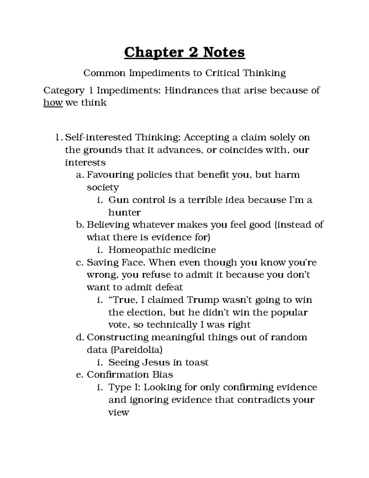 Chapter 2 Notes Common Impediments - Self-interested Thinking ...