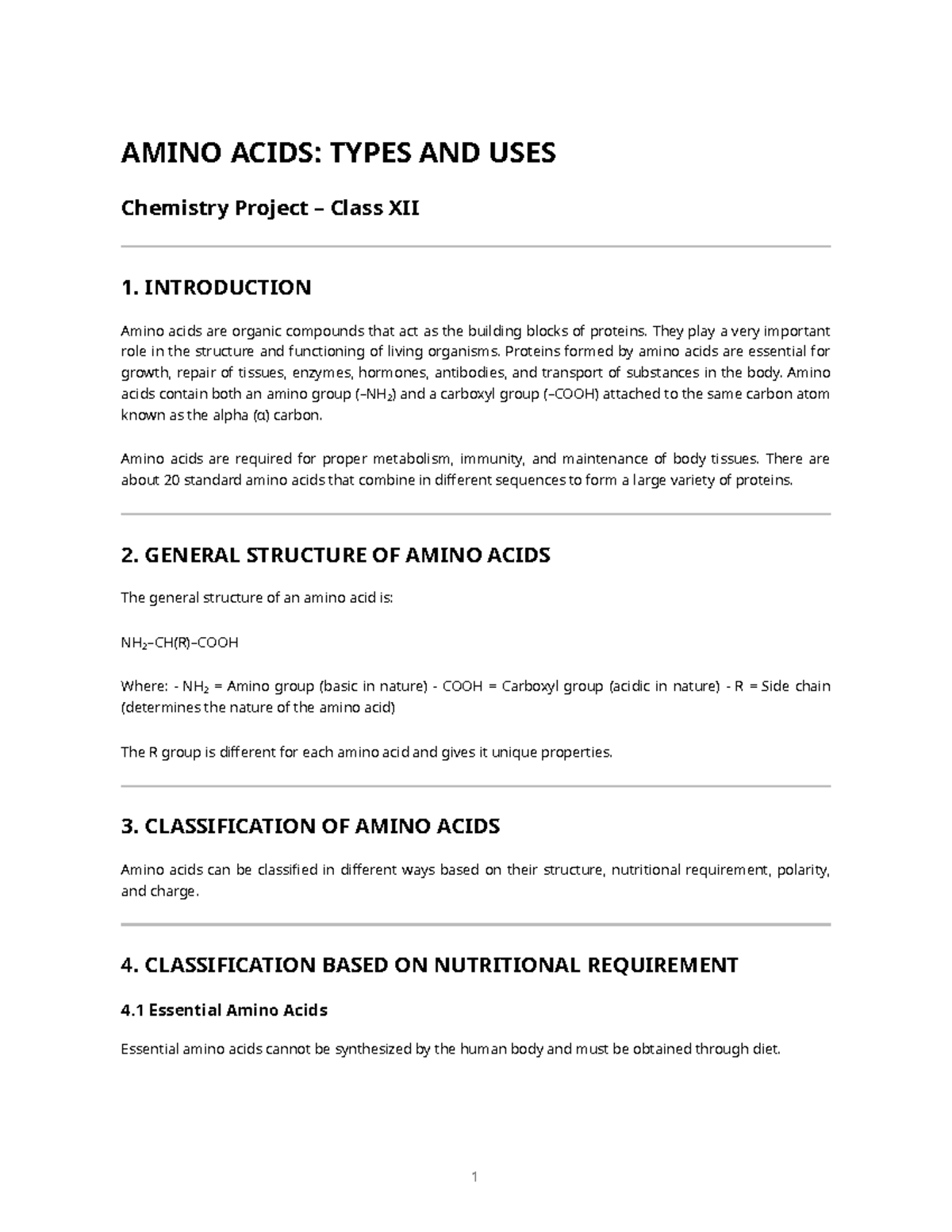 Chemistry Project Class XII: Amino Acids - Types & Uses - Studocu