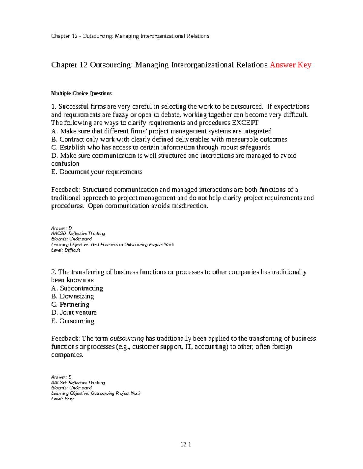 Chap012 - M/C with answers - Chapter 12 Outsourcing: Managing ...