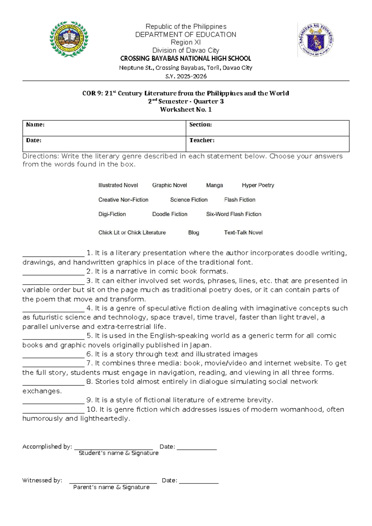 COR 9: 21st Century Literature Worksheets - Grade 11 Q3 - Studocu