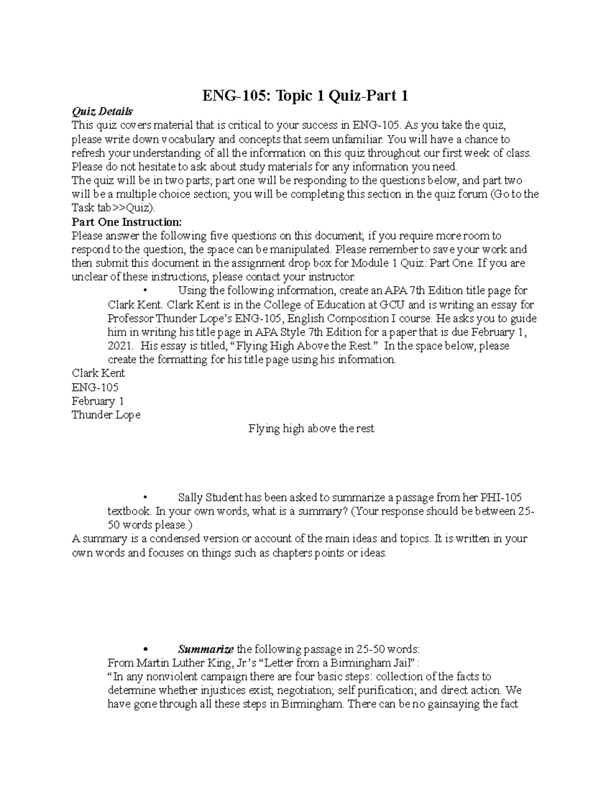 ENG-105 Topic 1 Quiz: Essential Concepts & Summary Instructions - Studocu