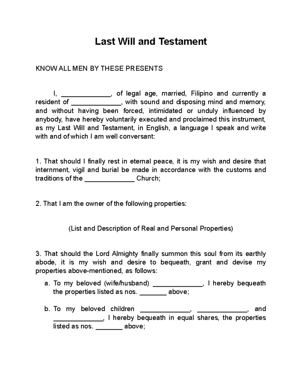 Last Will and Testament Template for Filipino Residents - Studocu