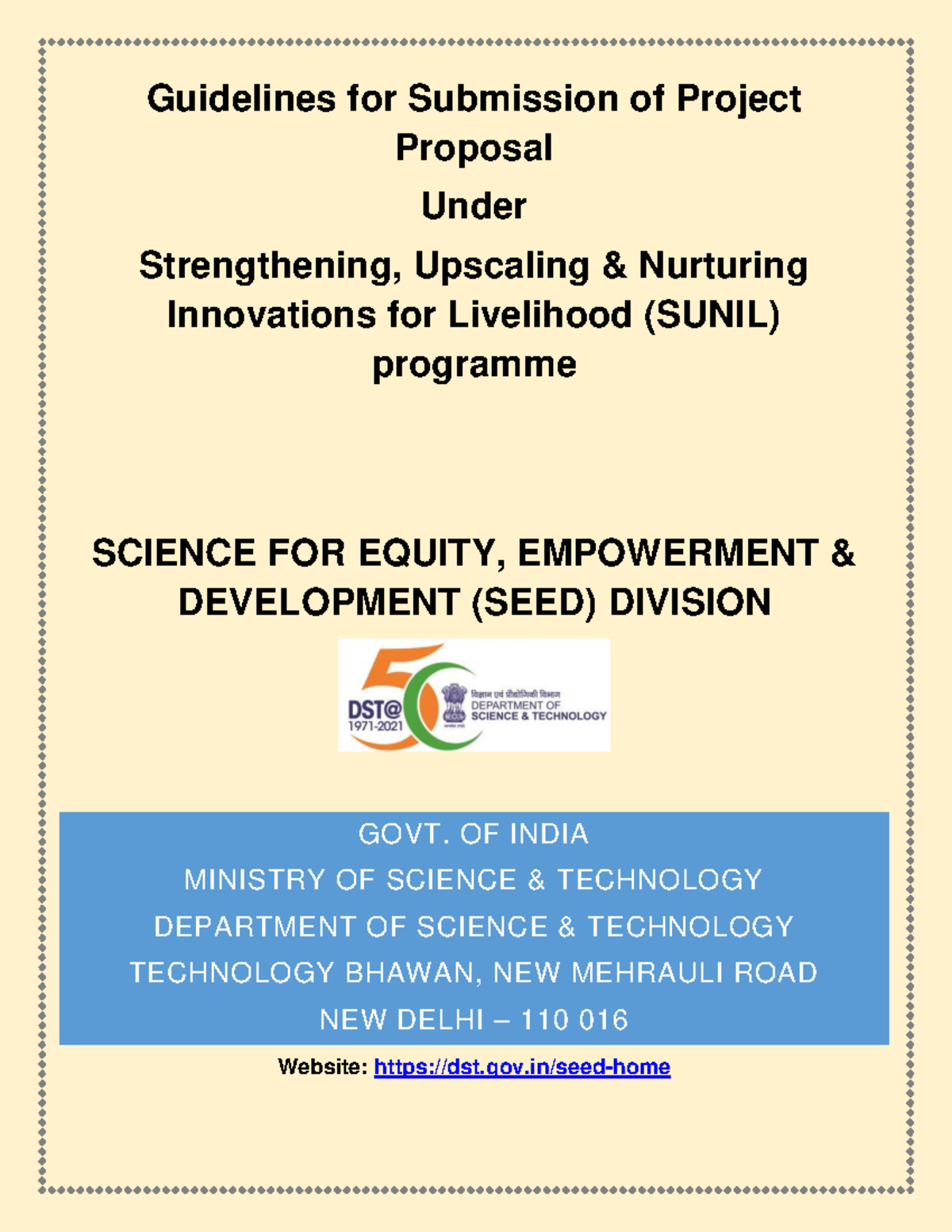 Guidelines for Project Proposal Submission under SUNIL Programme (SEED ...