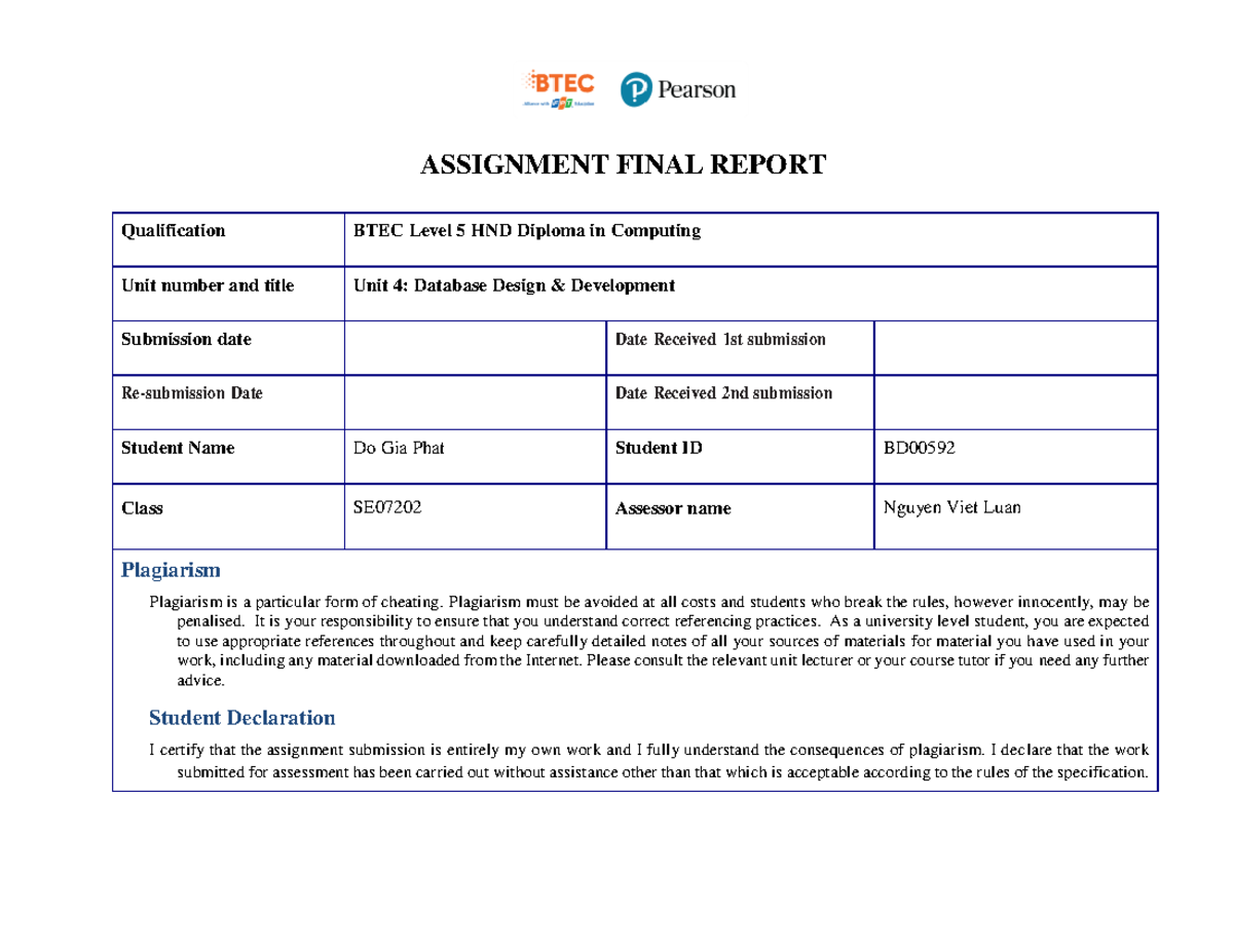 BTEC Level 5 HND Computing Unit 4: Database Design Final Report - Studocu