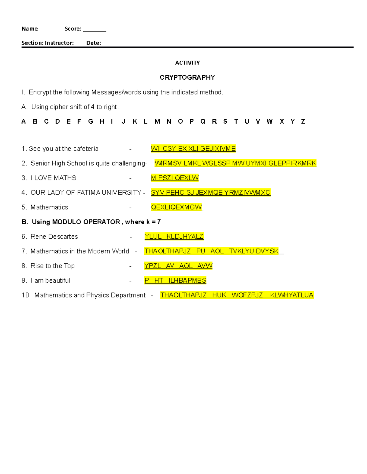 Activity: Cryptography Exercises (Course Code: 2-4) - Studocu