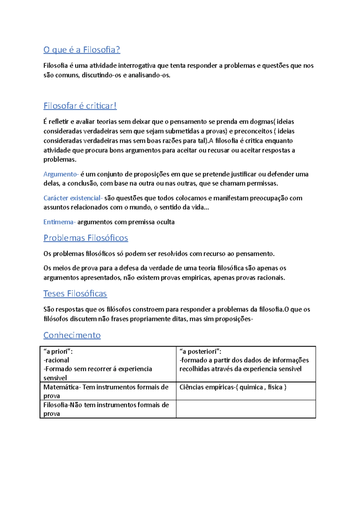 Conhecimento A Priori e A Posteriori - Filosofia 11º Ano - Studocu