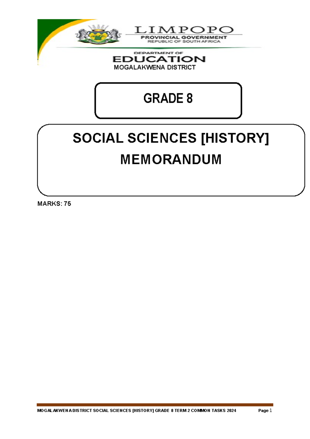Grade 8 Social Sciences History Term 2 Memorandum – 75 Marks - Studocu