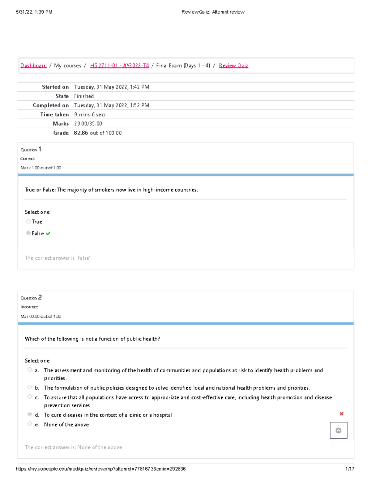 Review Quiz Attempt: HS 2711-01 - AY2022-T4, Review 1 Summary - Studocu