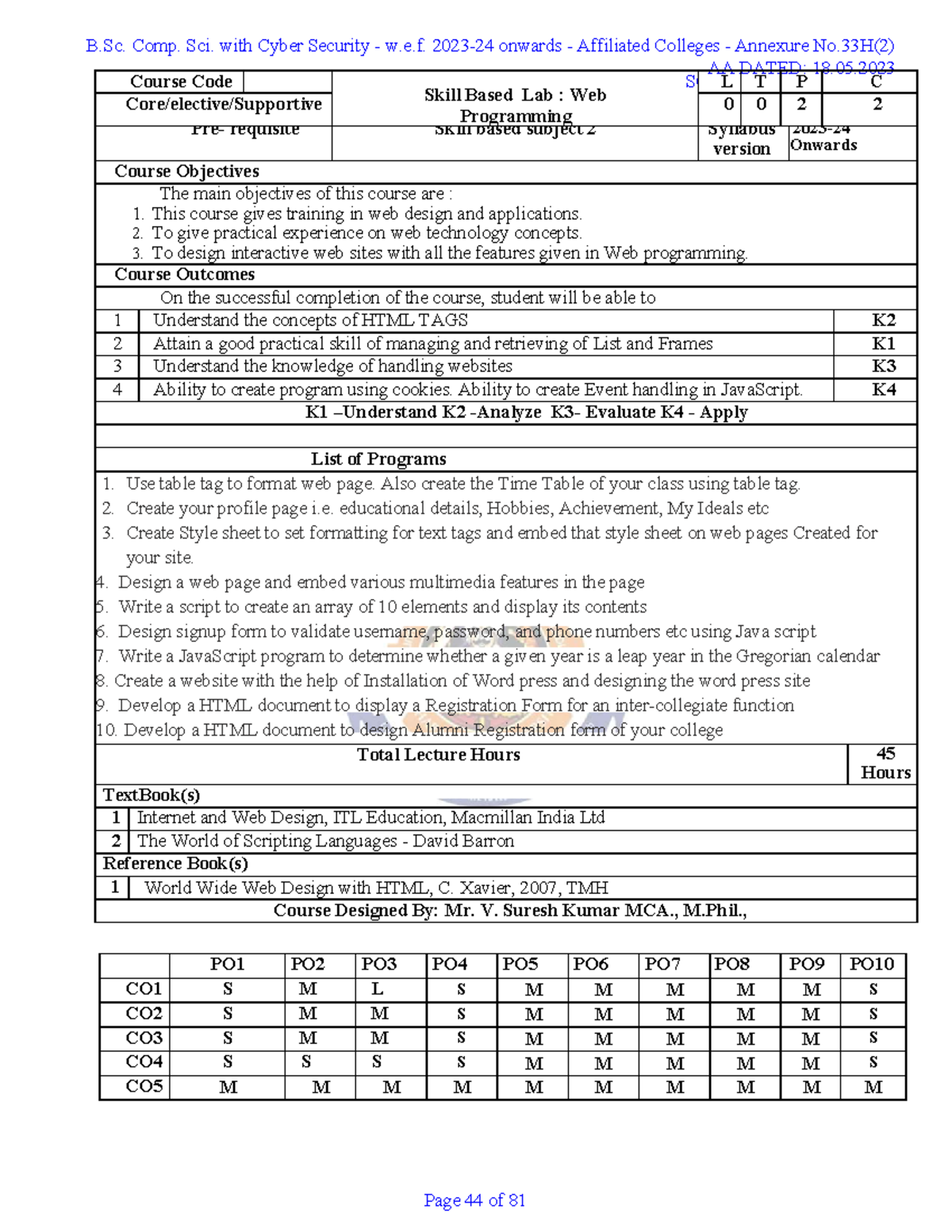 B.Sc. Comp. Sci. Cyber Security: Web Programming Lab Syllabus - Studocu