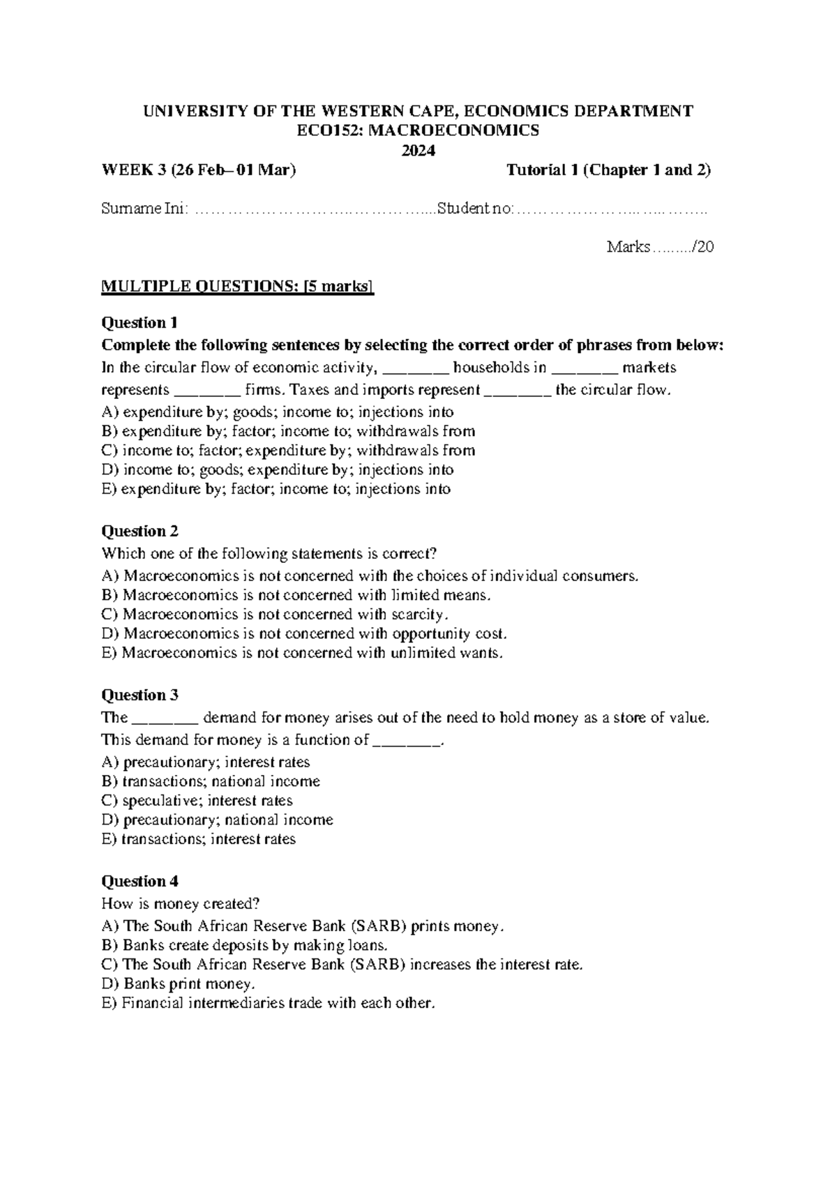 2024 ECO152: Macroeconomics Tutorial 1 - Week 3 Questions - Studocu