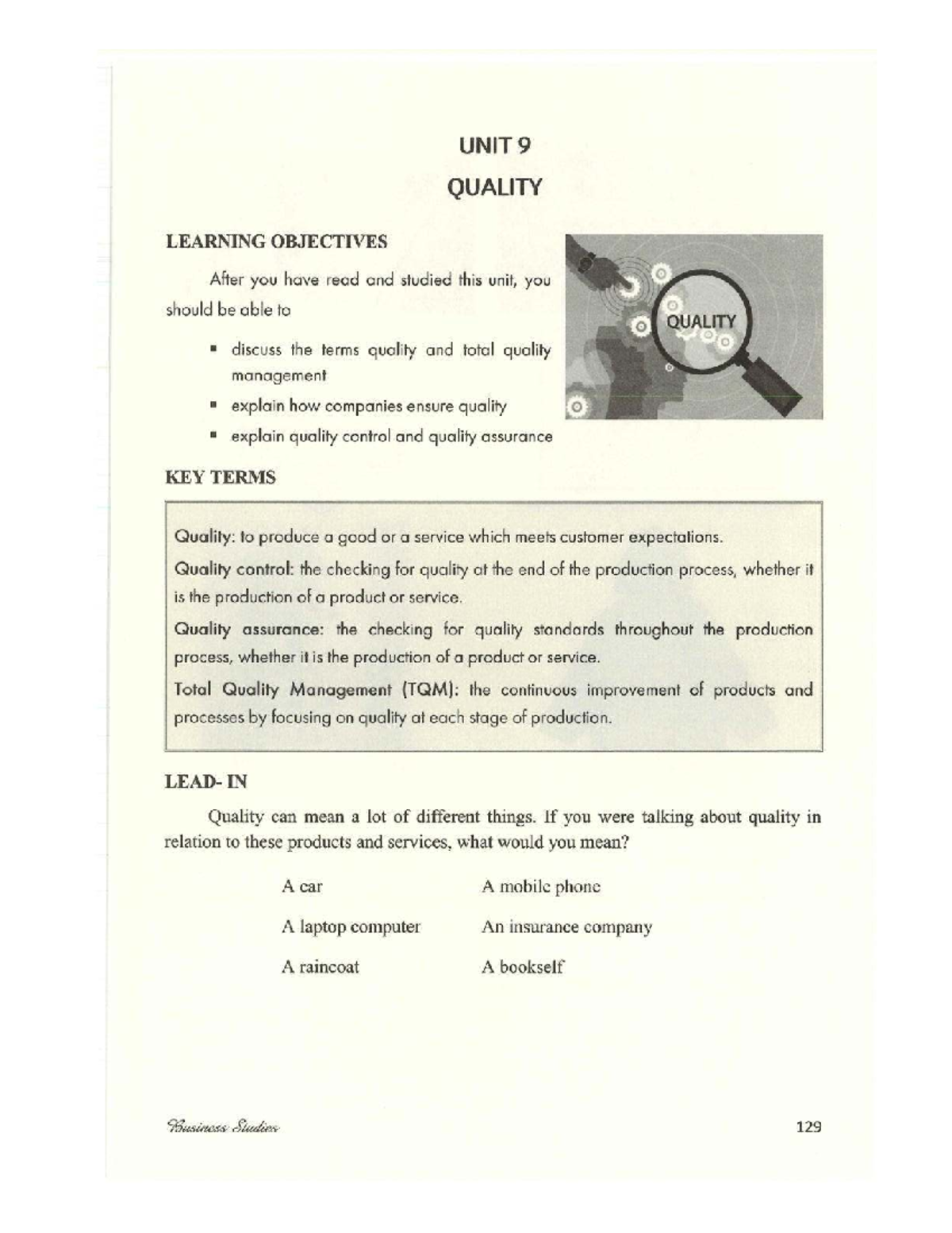 UNIT 9 Quality Management: Objectives and Key Concepts - Studocu