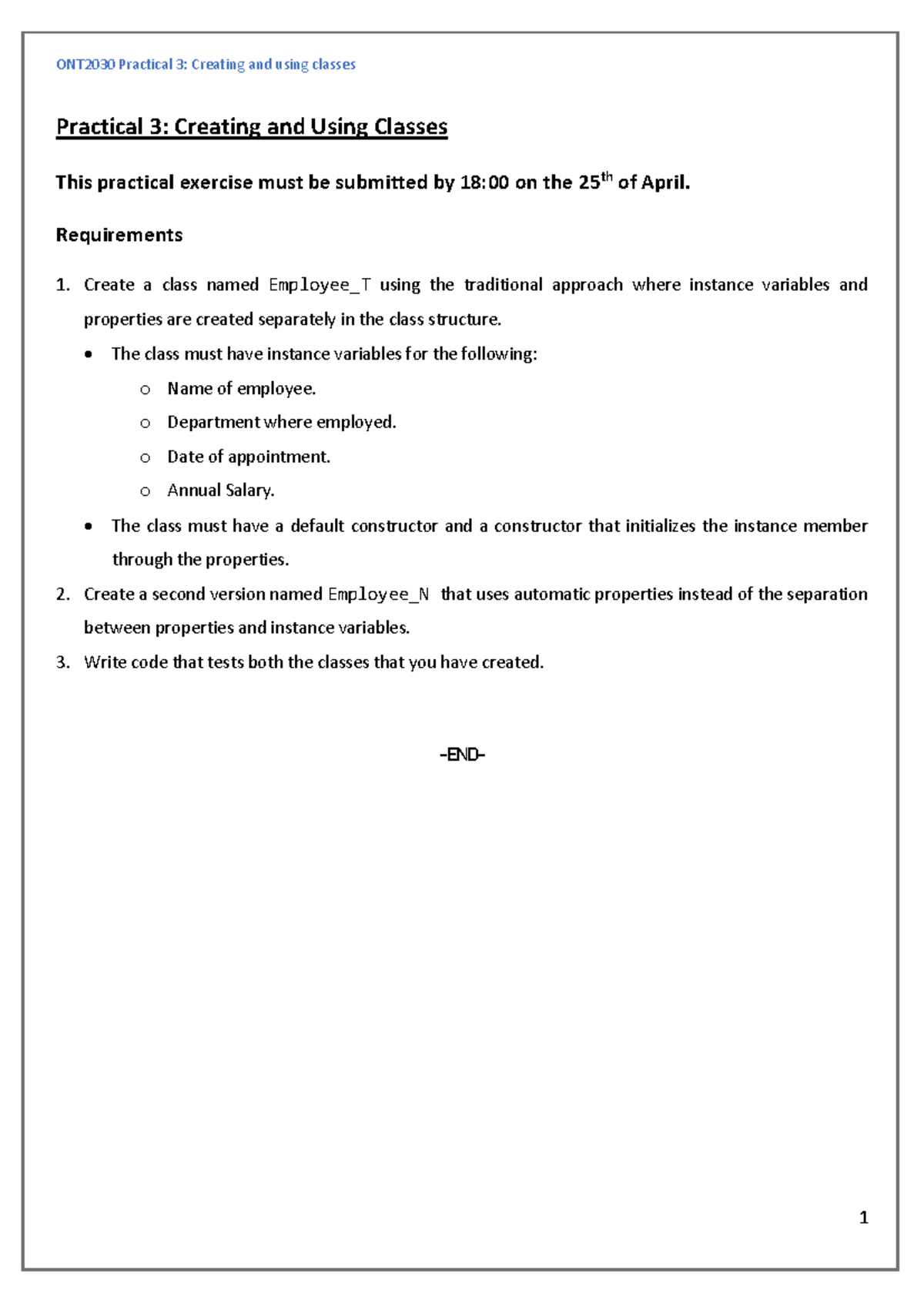 ONT2030 Practical 3: Creating & Using Employee Classes - Studocu