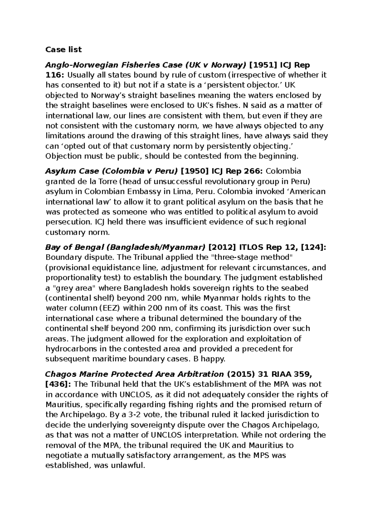 Case List: Key International Law Cases (Fisheries, Asylum, Boundaries ...