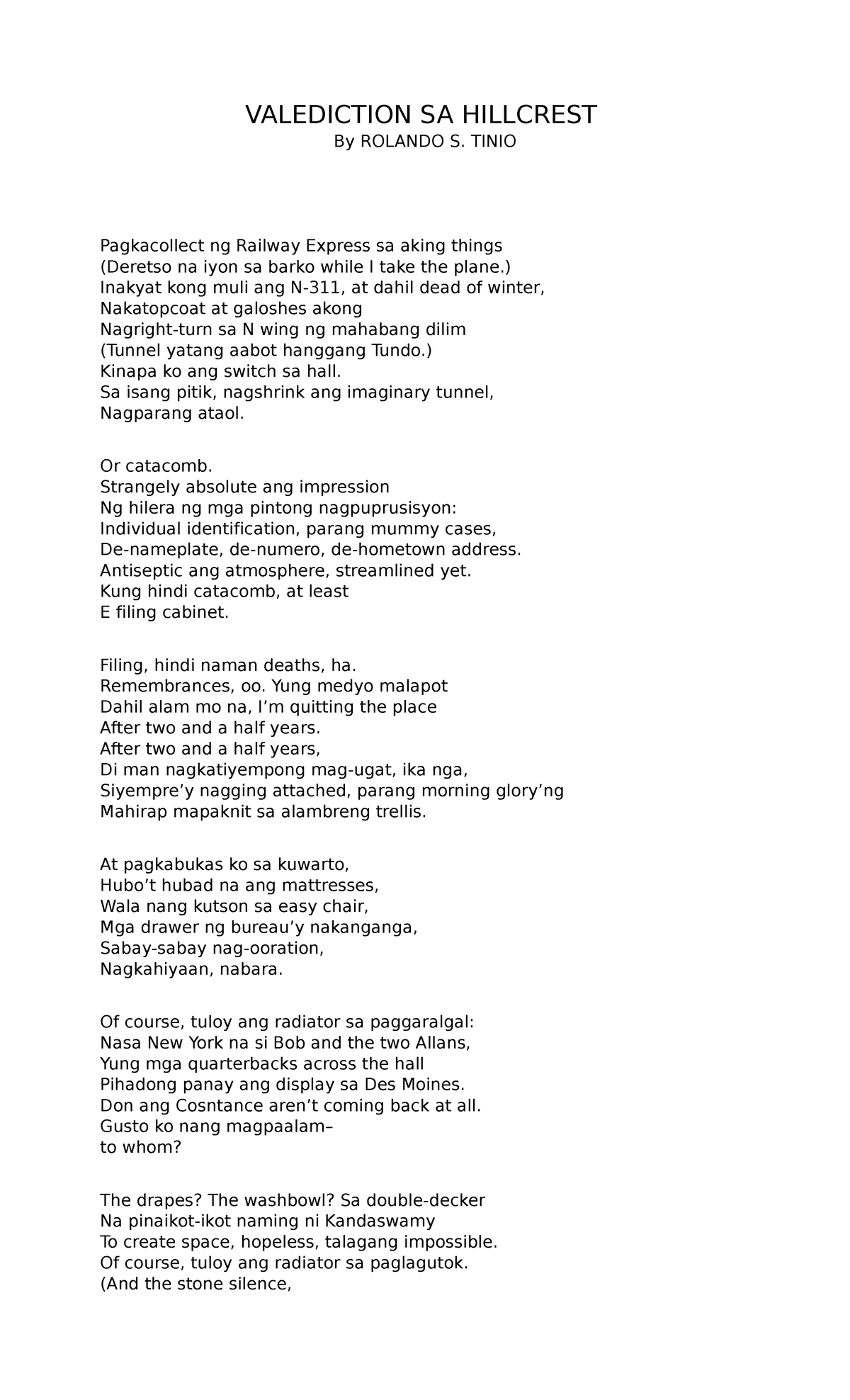 Valediction sa Hillcrest: A Reflection on Poetry and Transition - Studocu