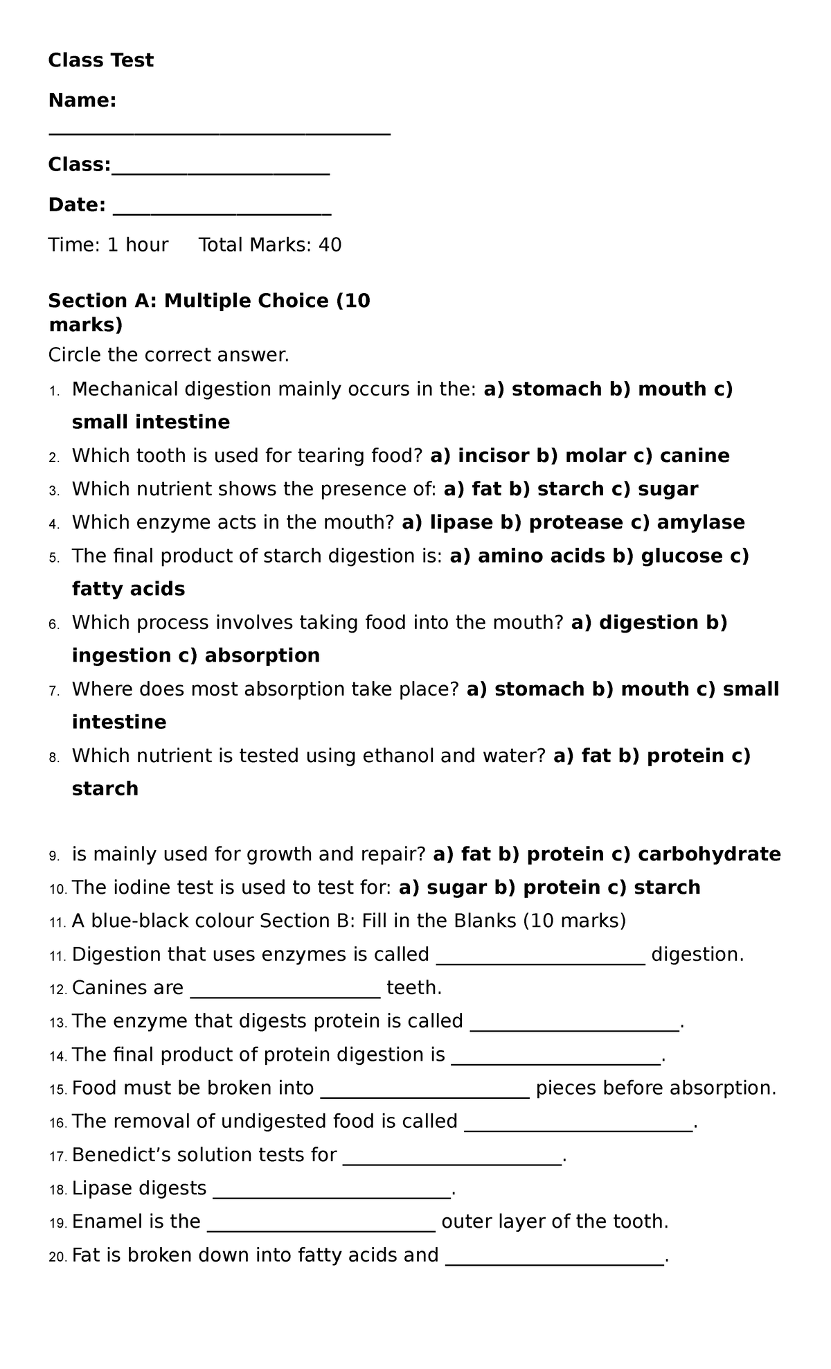 Grade 8 Summative Assessment: Digestion Test Questions - Studocu
