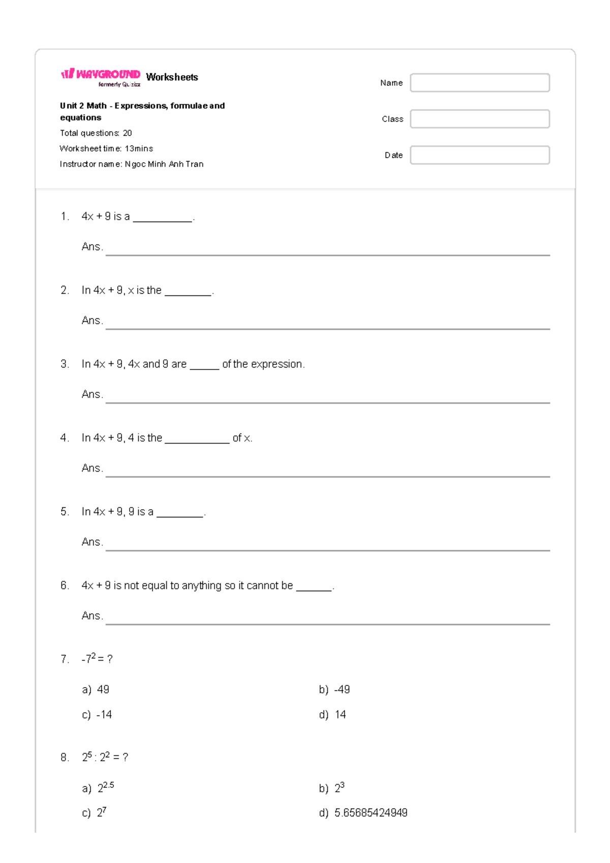 Unit 2 Math - Expressions, Formulae & Equations Worksheet - Studocu