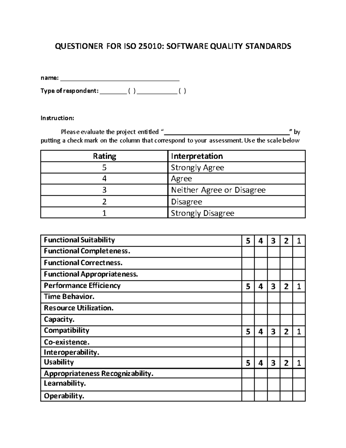 ISO 25010 Quality Standards Evaluation Form Template - Studocu