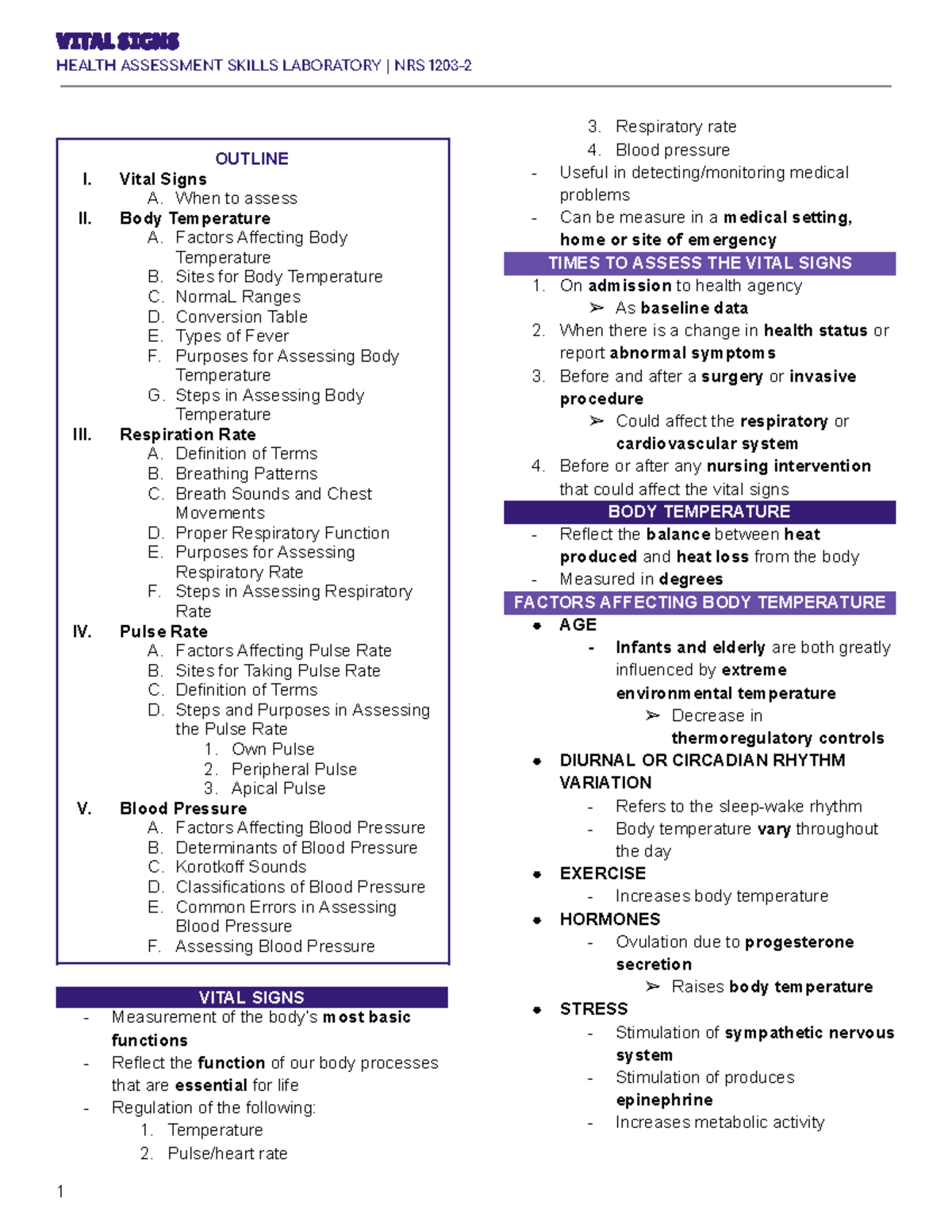 Vital Signs Assessment Skills Lab NRS 1 Outline and Guidelines - Studocu