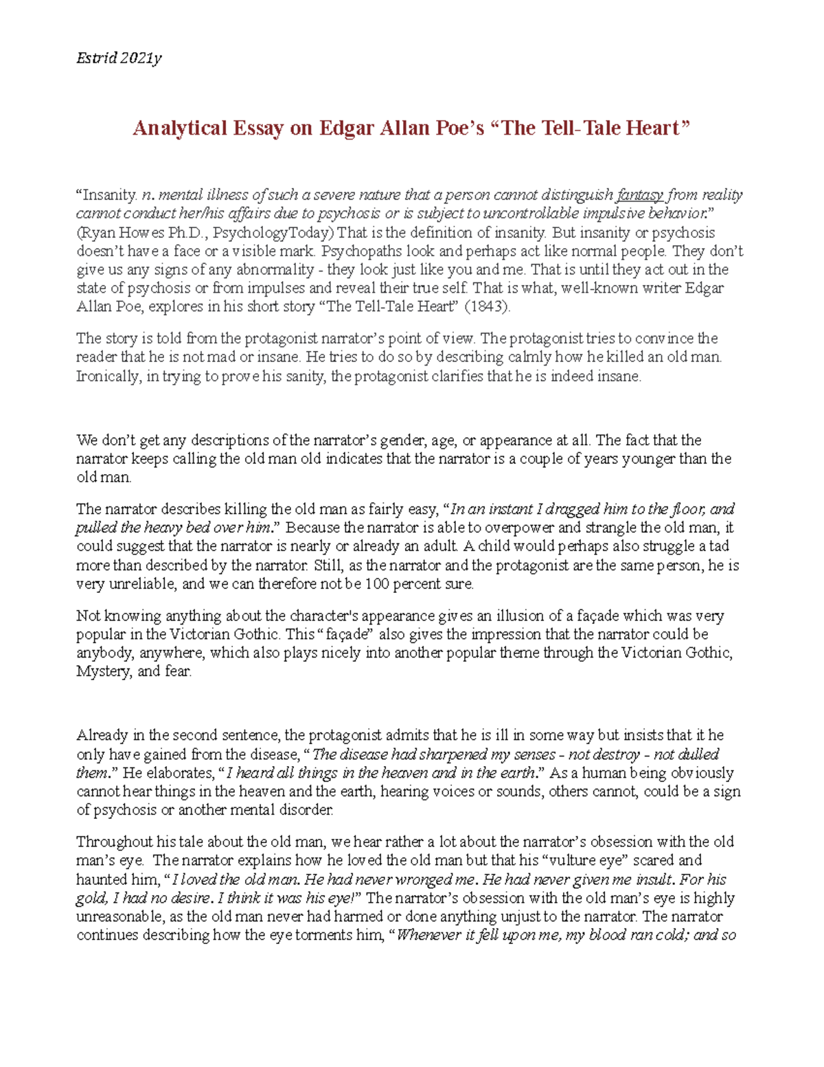 ENG 201 - Detailed Analytical Essay on Edgar Allan Poe’s Tell-Tale ...
