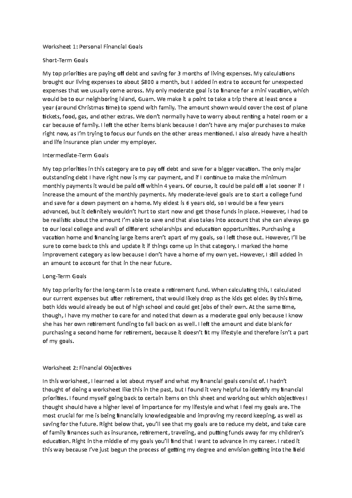 Worksheet 1: Personal Financial Goals & Planning Overview - Studocu