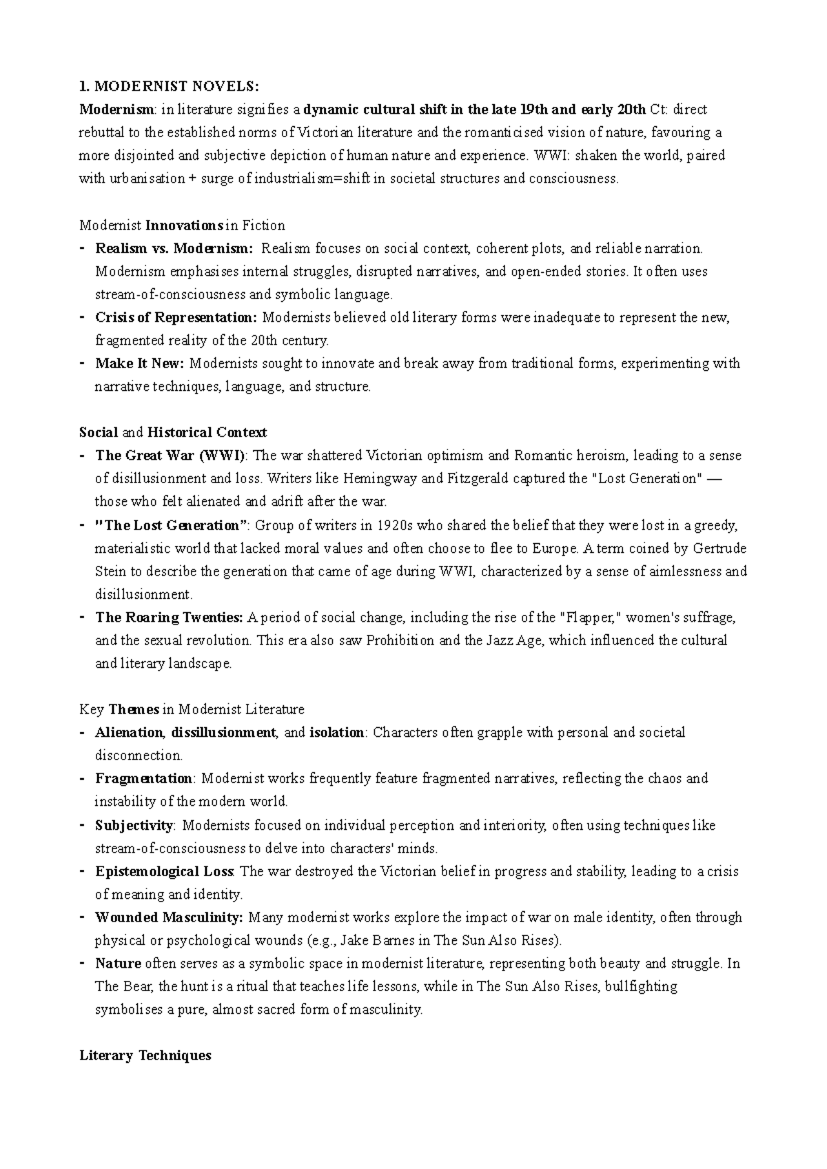 American Literature Revision Notes: Modernism to Postwar Realism - Studocu
