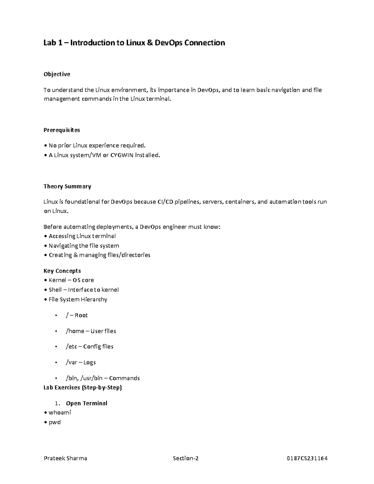 Linux Lab 1-7: Intro to Linux DevOps & File Management Techniques - Studocu