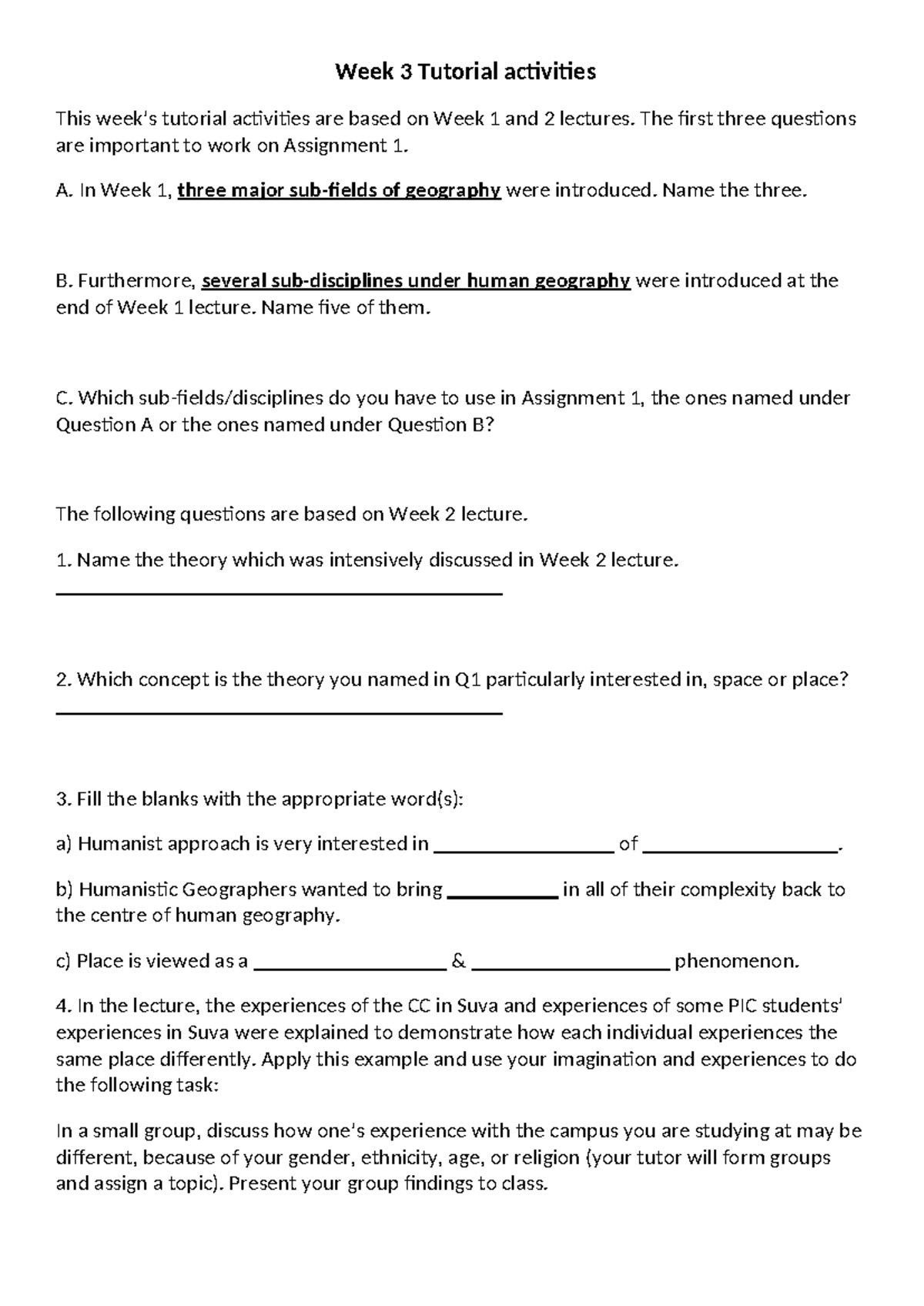 Week 3 - provide me my mst study points - Week 3 Tutorial activities ...