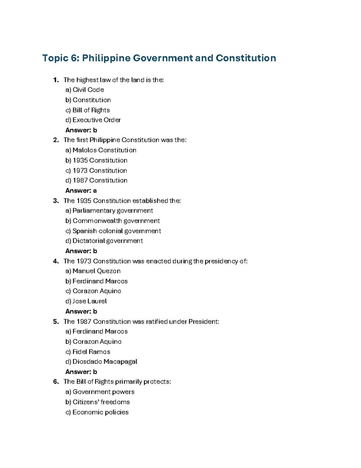 Topic 6: Philippine Government & Constitution Quiz Notes - Studocu
