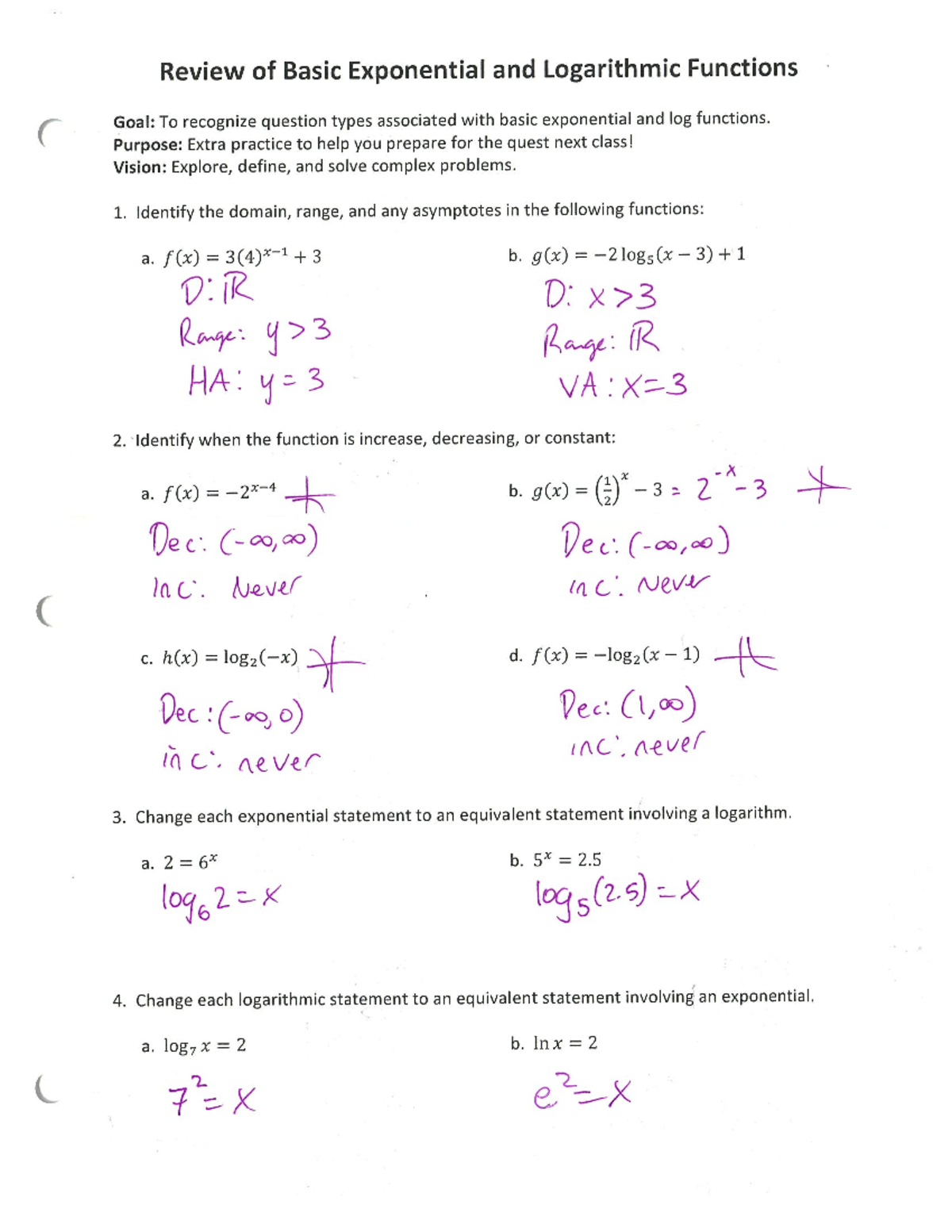 Review of Basic Exp & Log Functions (MATH 101) - Practice Key - Studocu