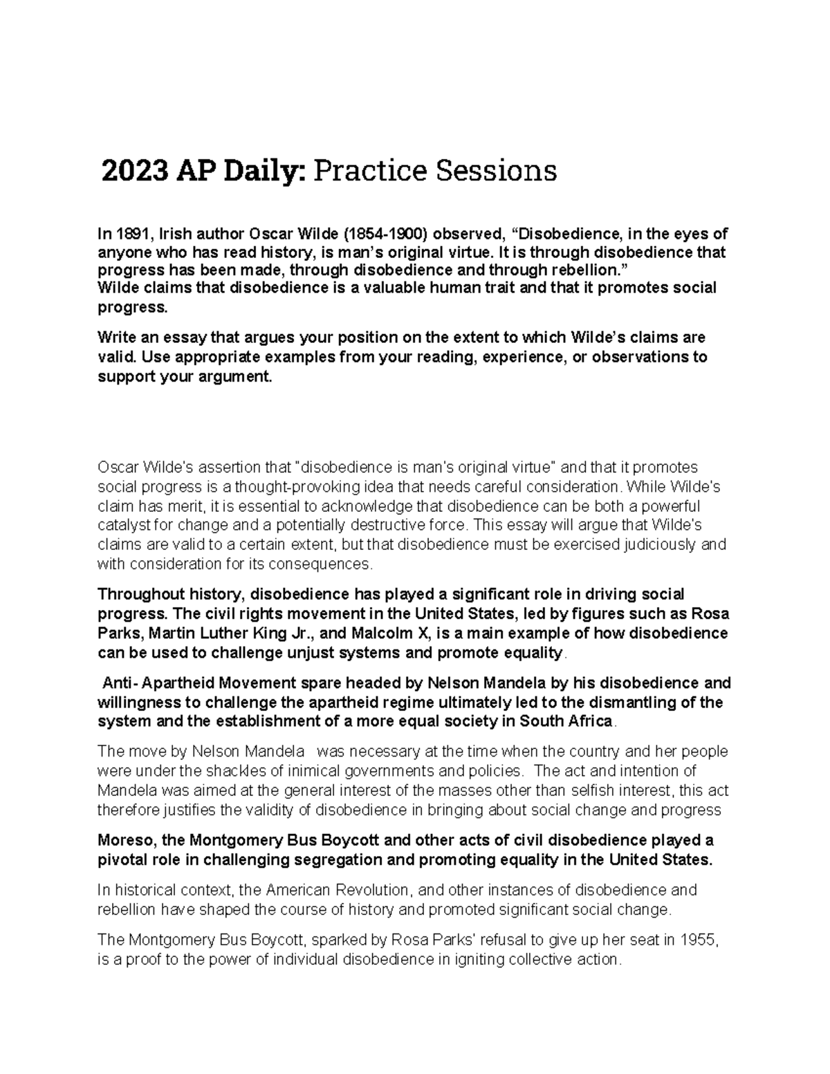2023 AP Daily: Argument Essay on Disobedience and Progress - Studocu