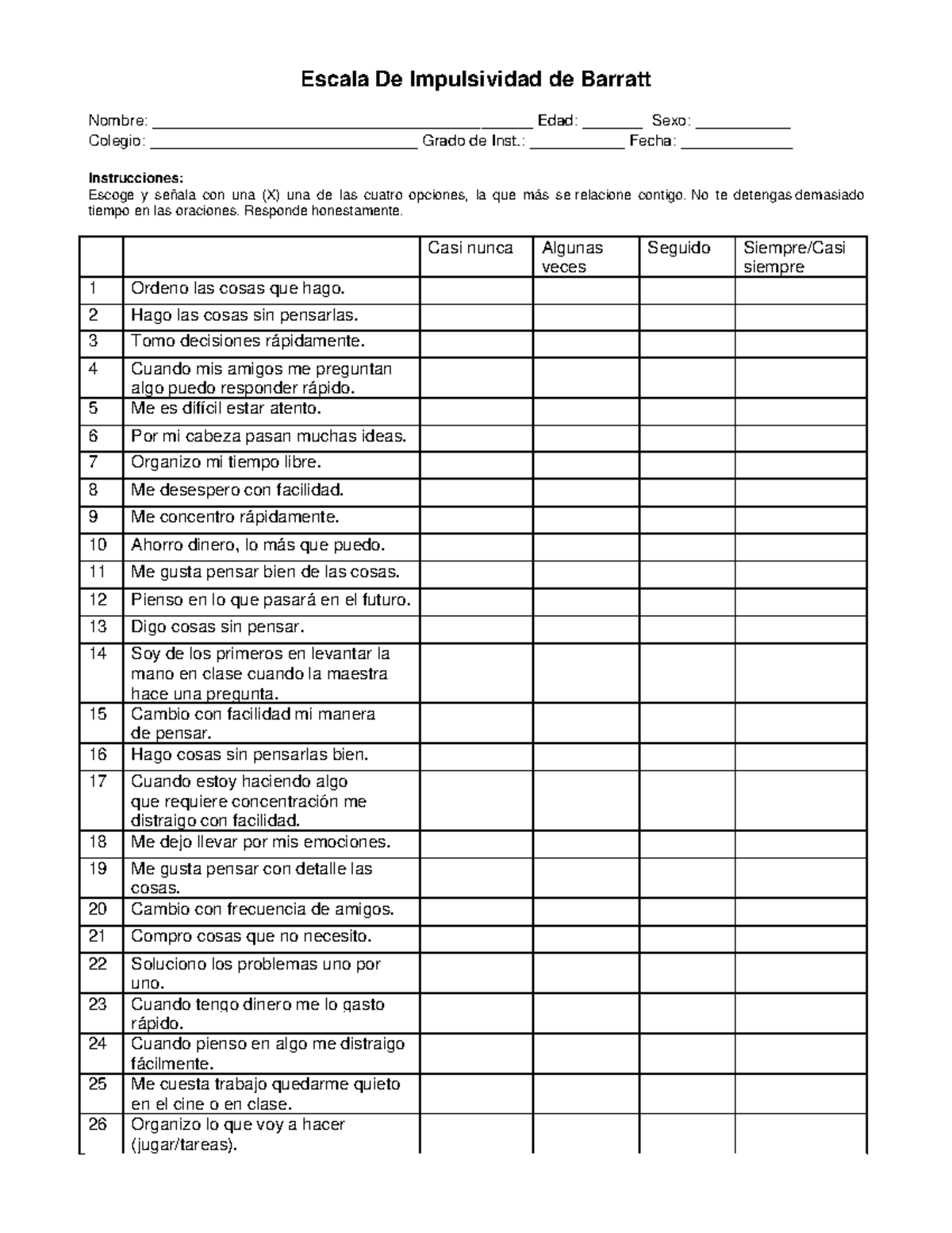 4. Escala DE Barrat NA - Escala De Impulsividad de Barratt Nombre ...