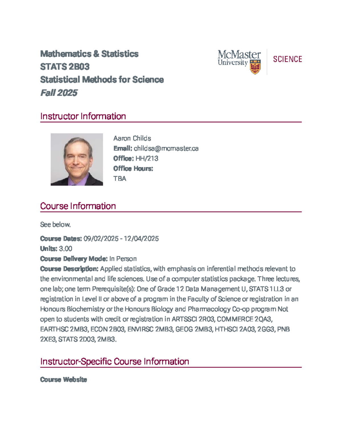 Fall 2025 STATS 2B03 C01 Statistical Methods for Science Overview - Studocu