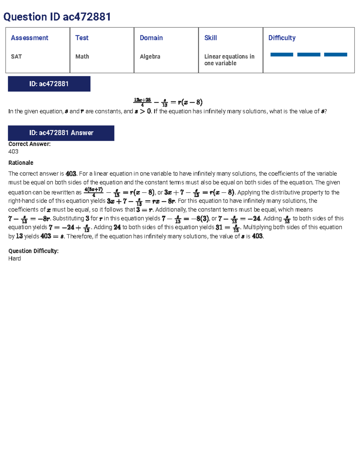 SAT Math Assessment Test: Algebra & Functions Question Bank - Studocu