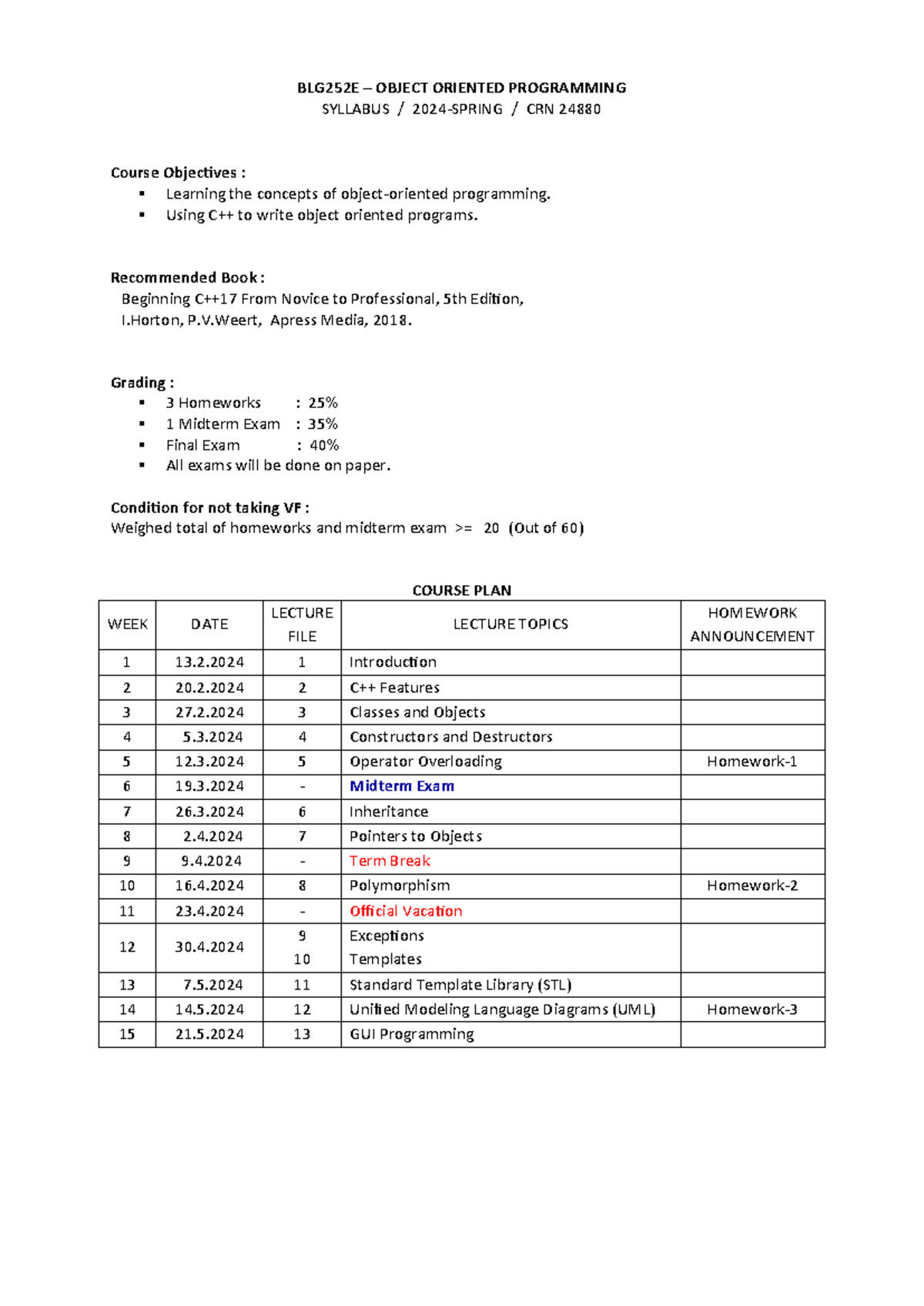 BLG252E Syllabus - Summary of Object Oriented Programming Course - Studocu