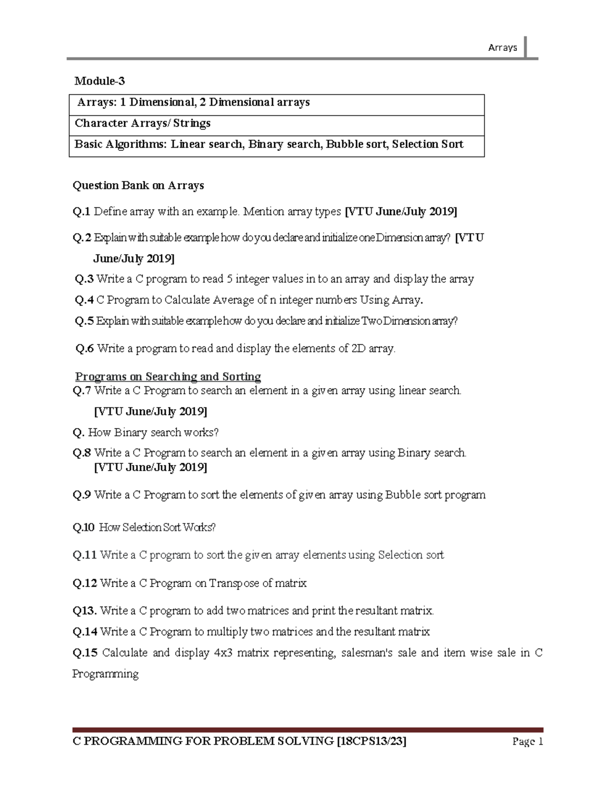 C Programming - Module-3 C Arrays Notes and Question Bank - Studocu