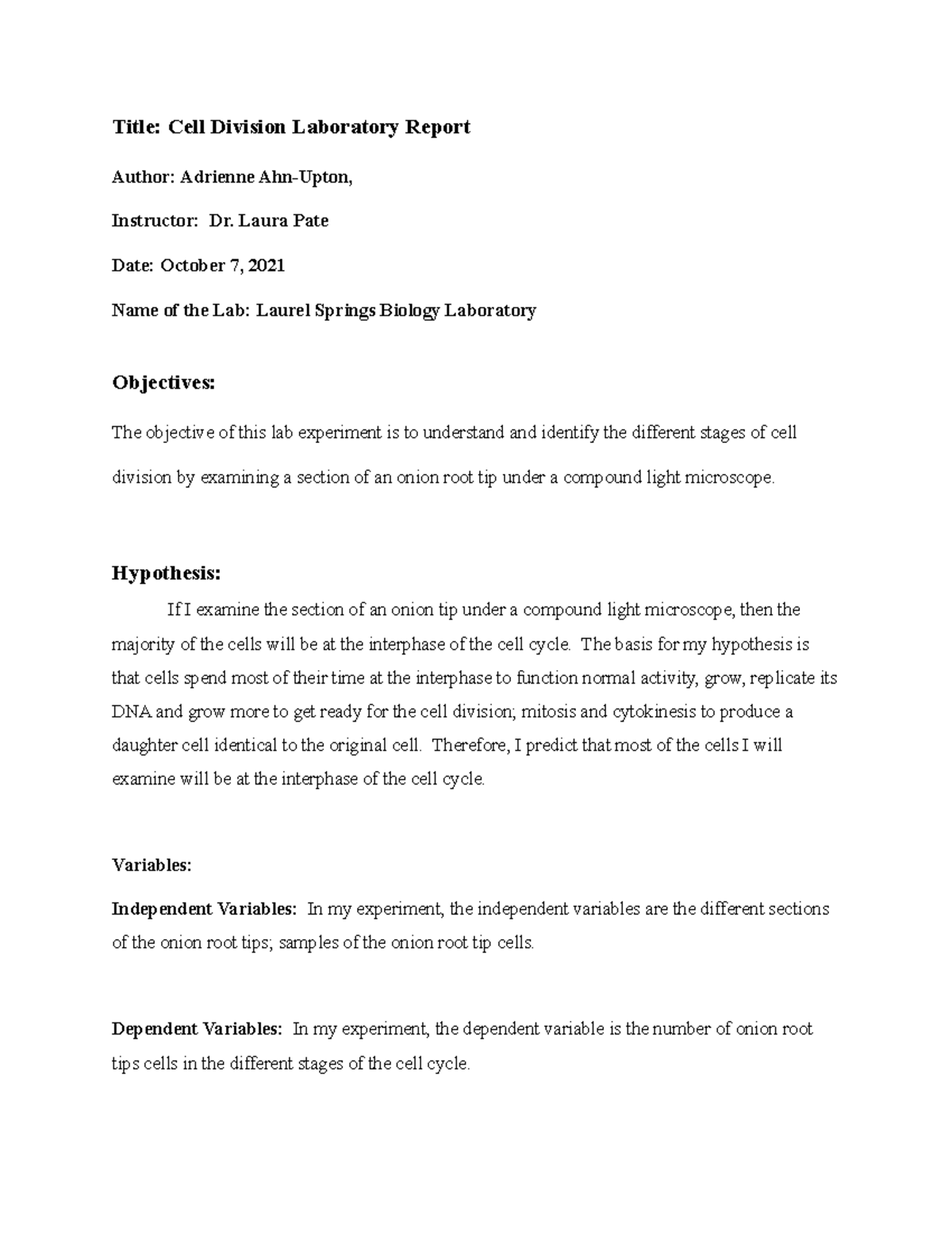 Cell Division Lab Report (BIO 101) - Onion Root Analysis - Studocu