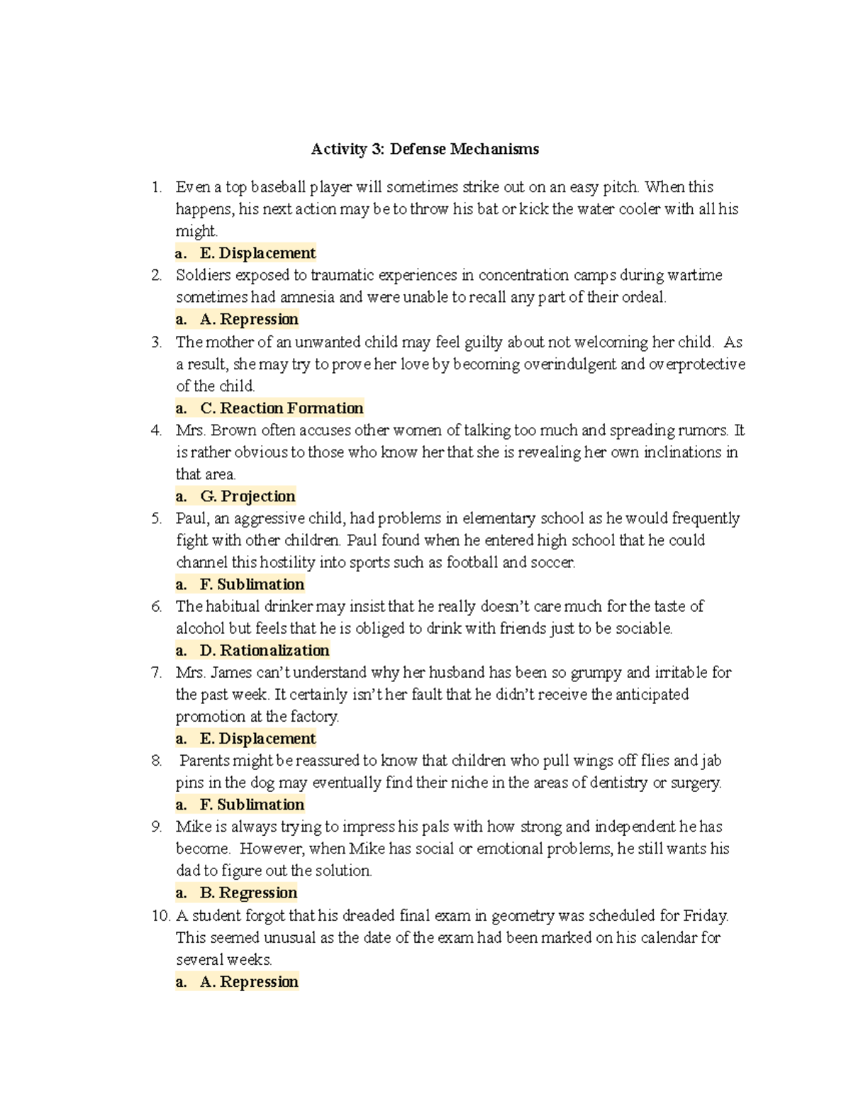 Activity 3: Analysis of Defense Mechanisms (PSY-521) - Studocu