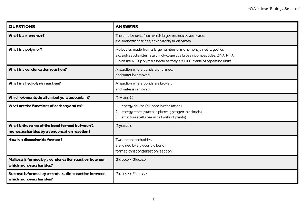 AQA Biology Section 1 Revision: Key Questions & Answers - Studocu