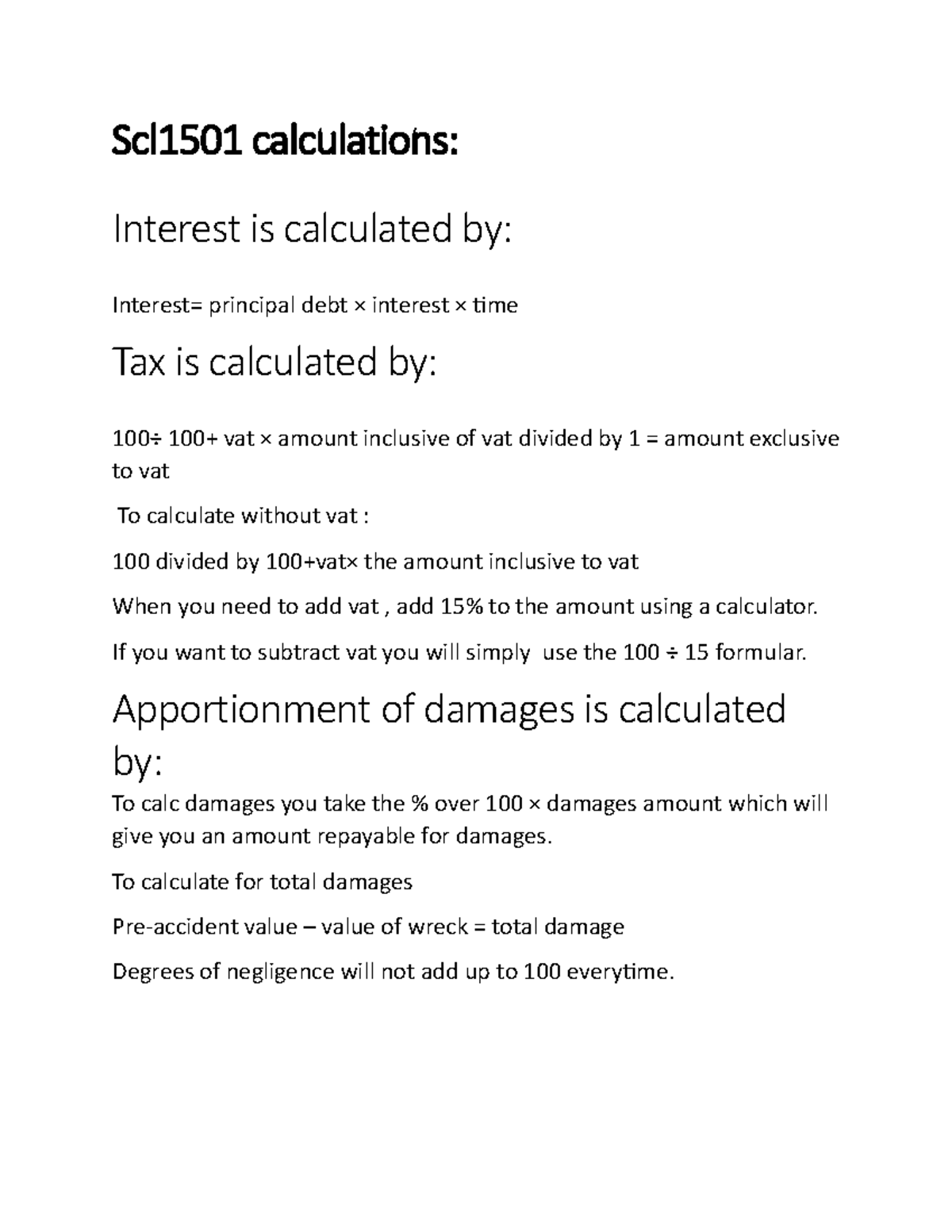SCL1501 Calculations: Key Formulae for Interest & Damages - Studocu