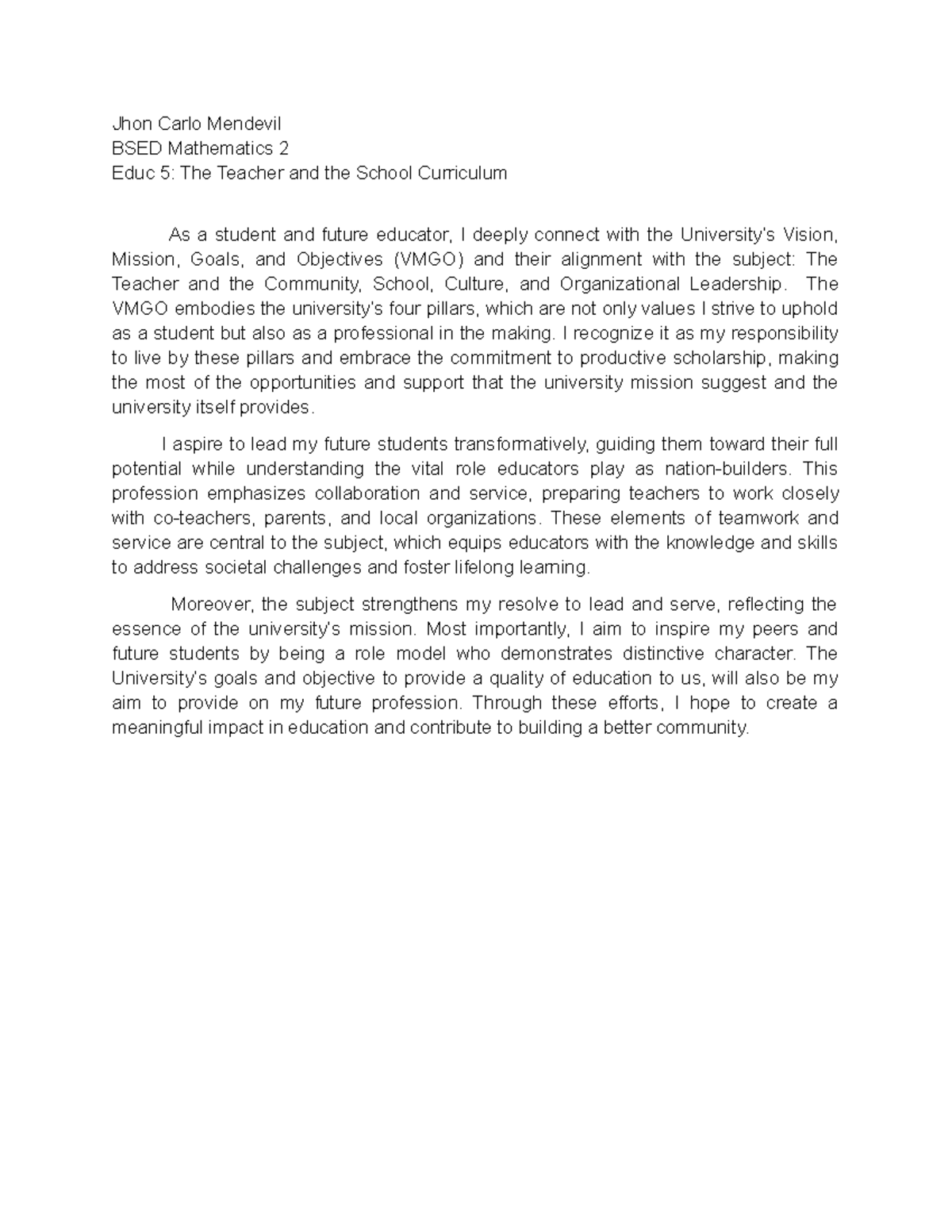 EDUC 5 VMGO - Essay on School Mission, Vision, Goals & Objectives - Studocu