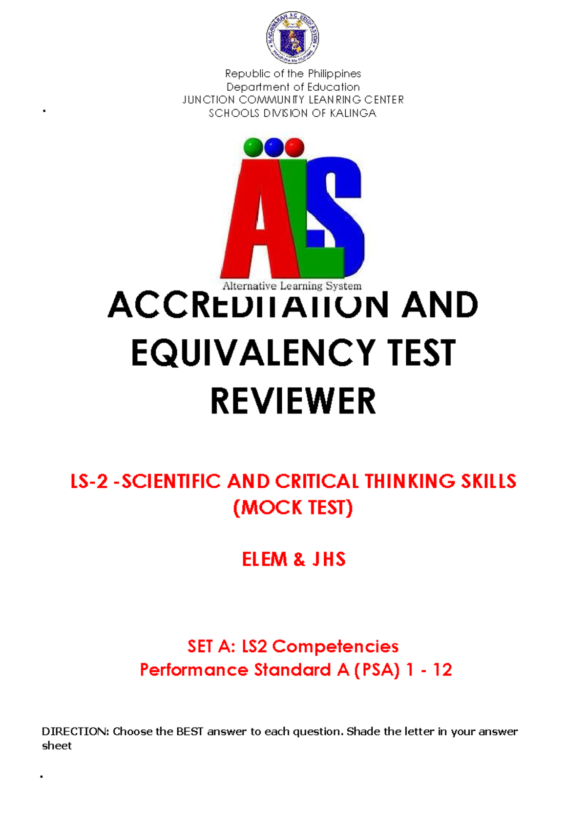 SET A: LS2 Science Accreditation & Equivalency Mock Test Reviewer - Studocu