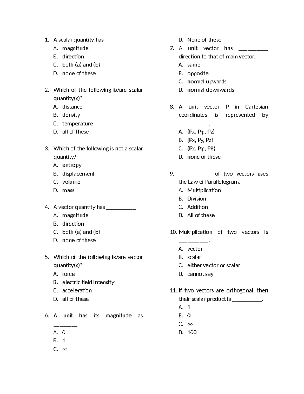 Emags - MCQ on Scalar and Vector Quantities - Studocu